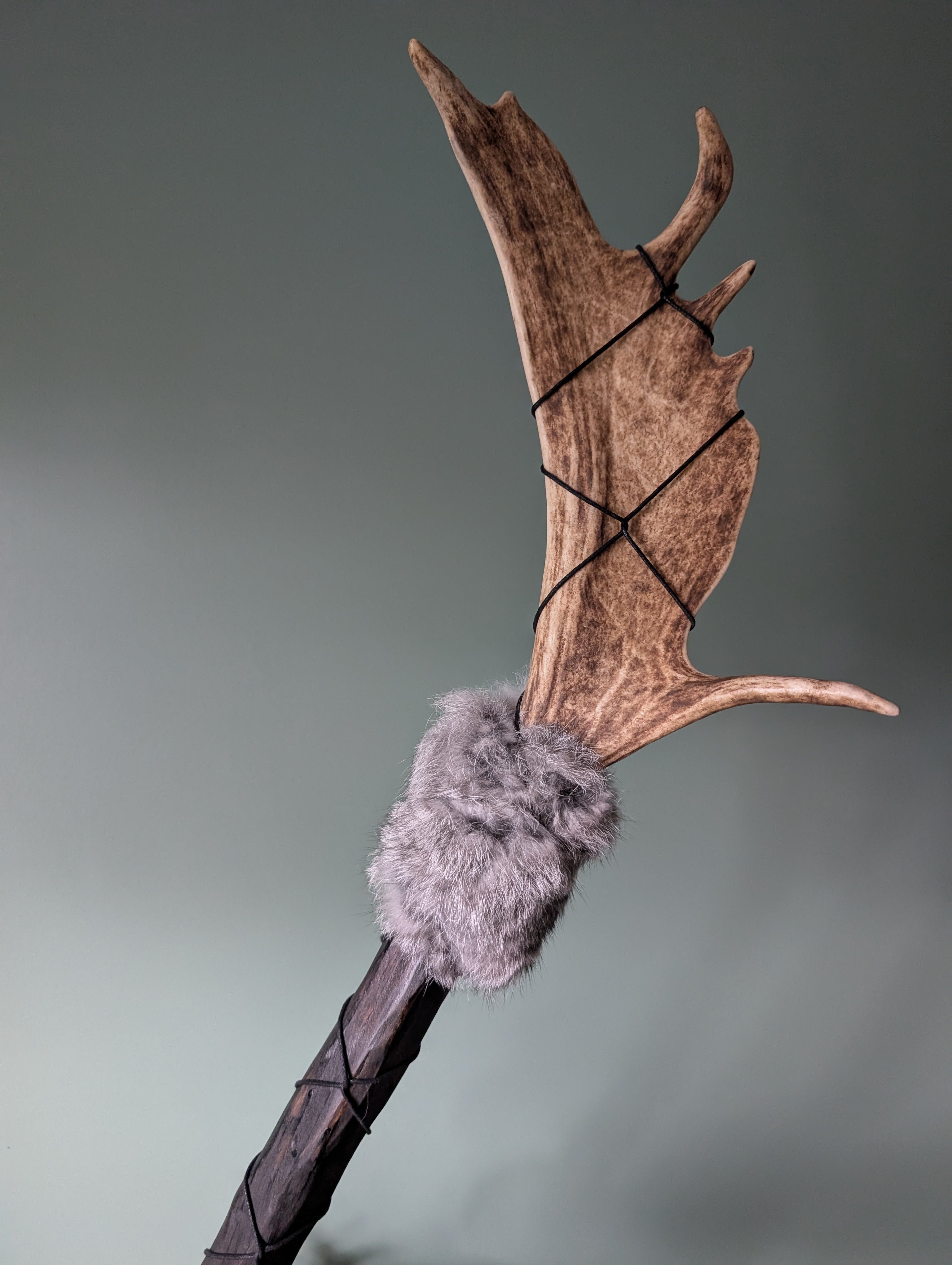 Antler Staff with grey fur ~1.7m | Midnight Ritual